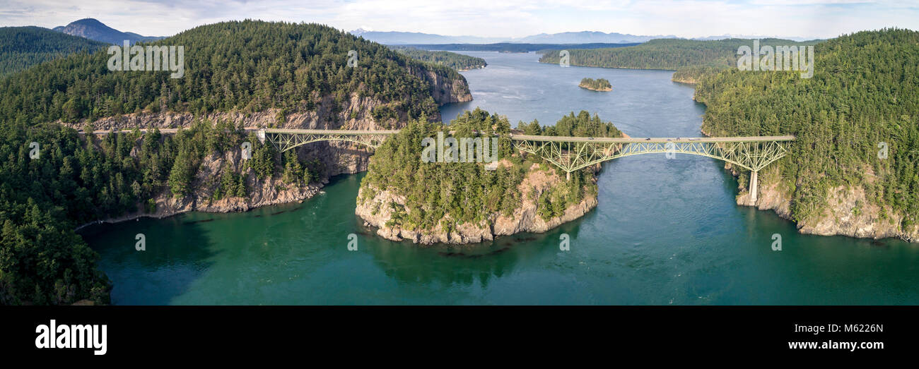 Helicopter view of famaous landmark bridge structure in Pacific ...