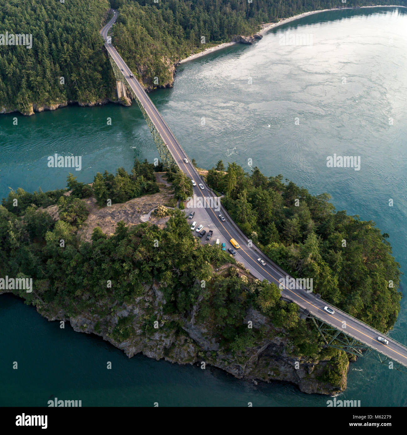 Overhead view of coastal island bridge crossing ocean in Pacific ...