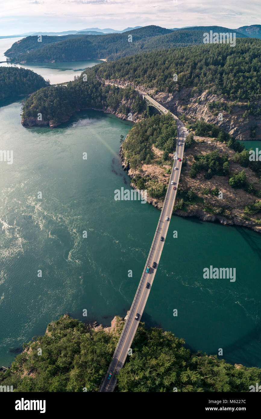 Helicopter view of world famous Pacific Northwest bridge crossing ...