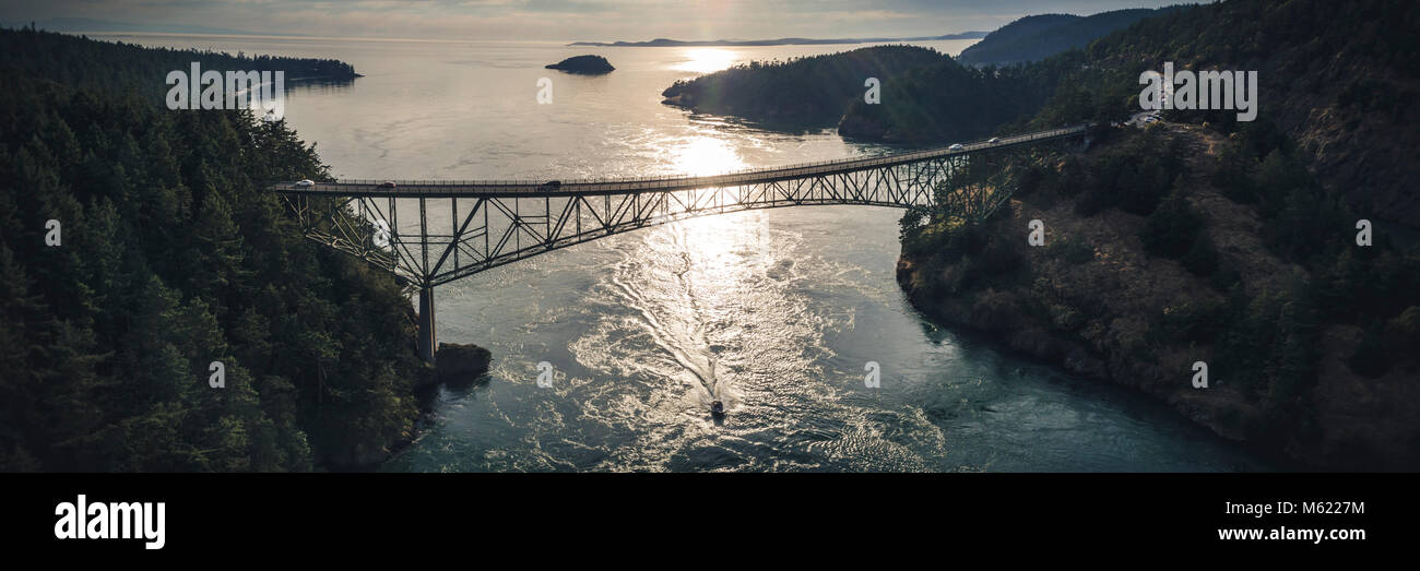 Panoramic view of Pacific Northwest landmark bridge with epic ocean ...