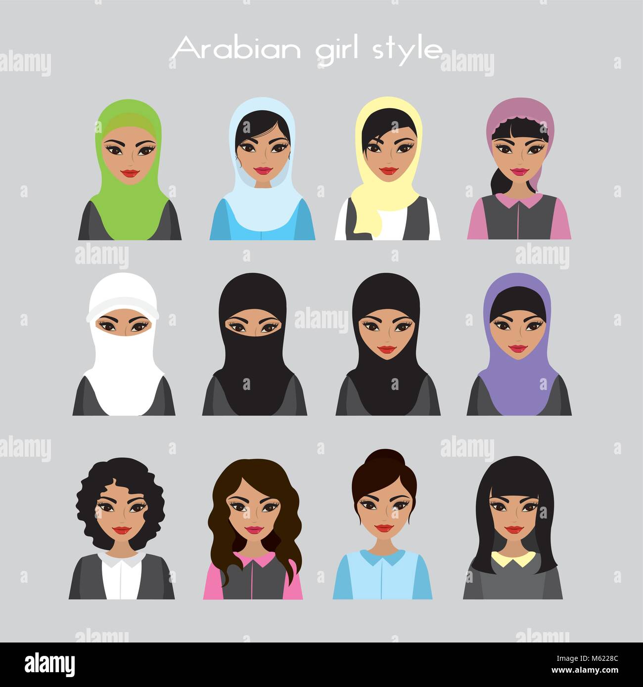 set - face Arab women avatar, stock vector illustration Stock Vector ...