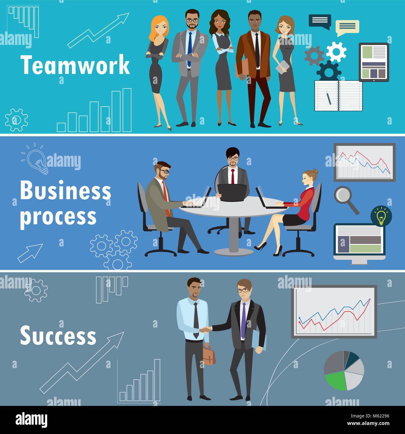 flat banner set with teamwork, business process and success, stock vector illustration Stock ...