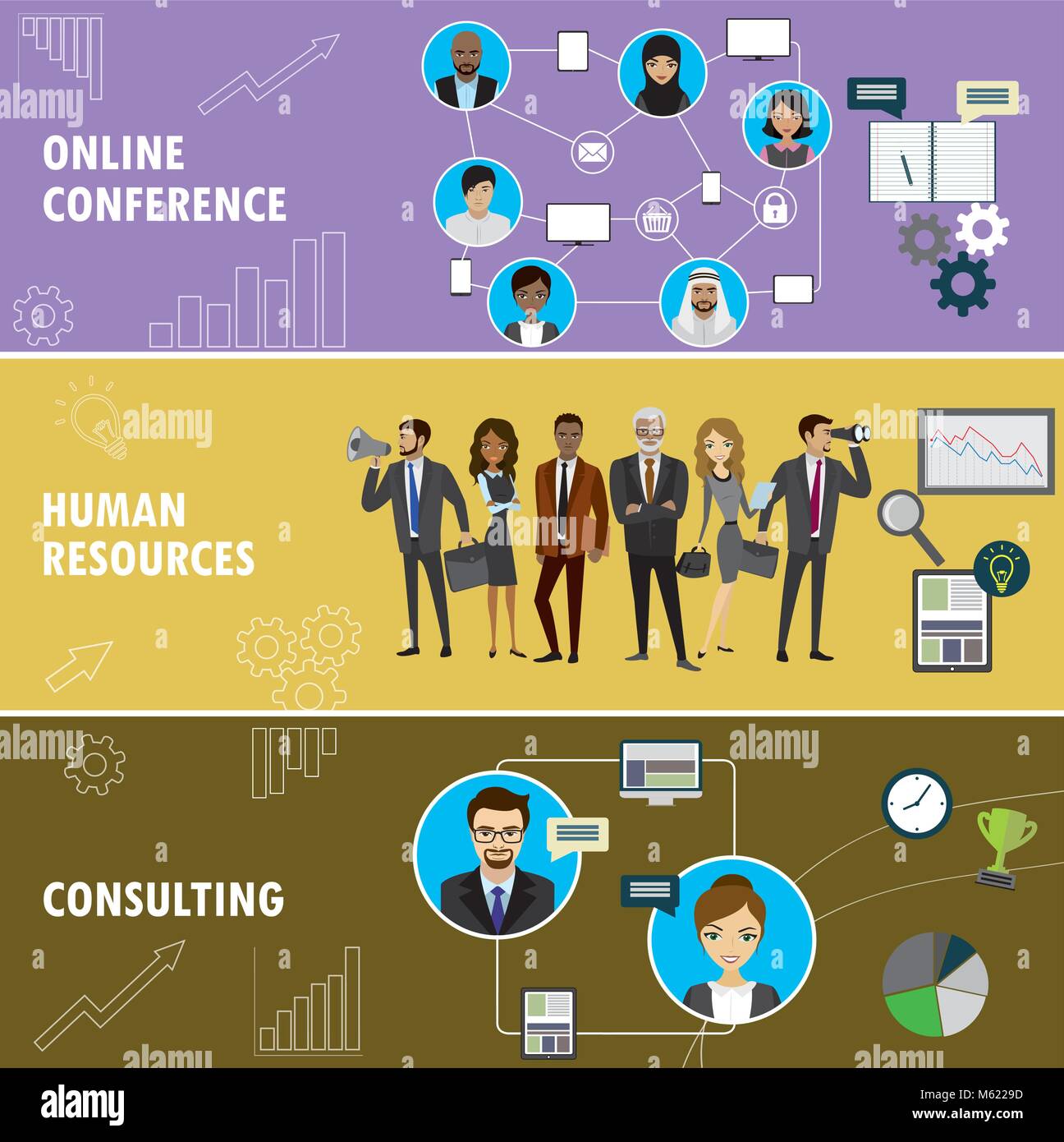 Set business flat banner. Online conference, human resources ...