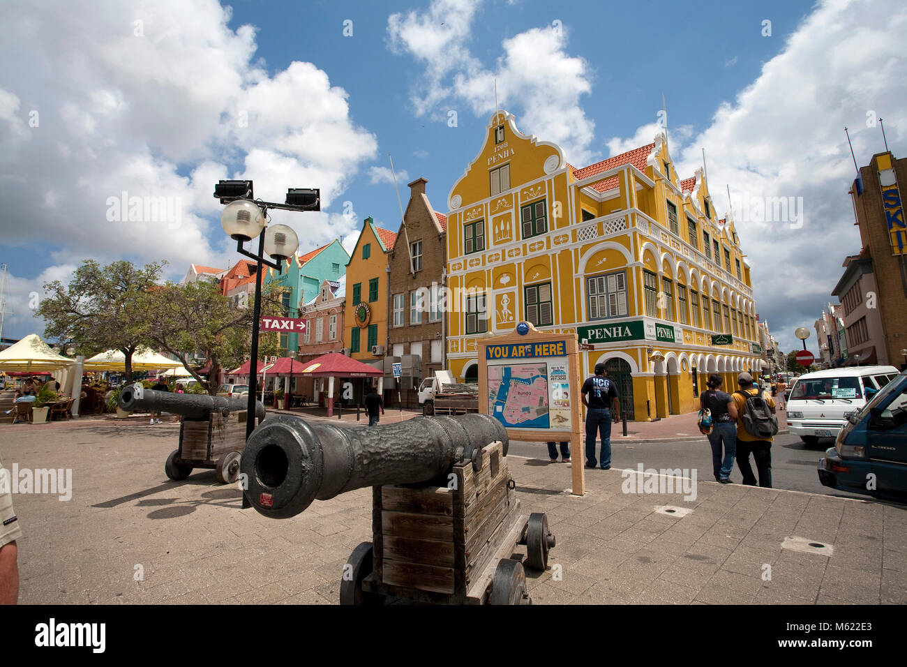 Medieval cannons at Penha building, trade arcade, colonial style ...