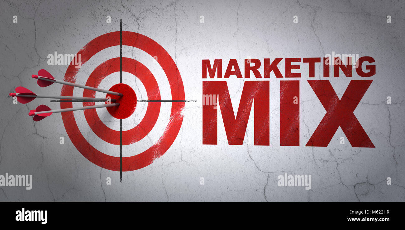 Marketing concept: target and Marketing Mix on wall background Stock ...