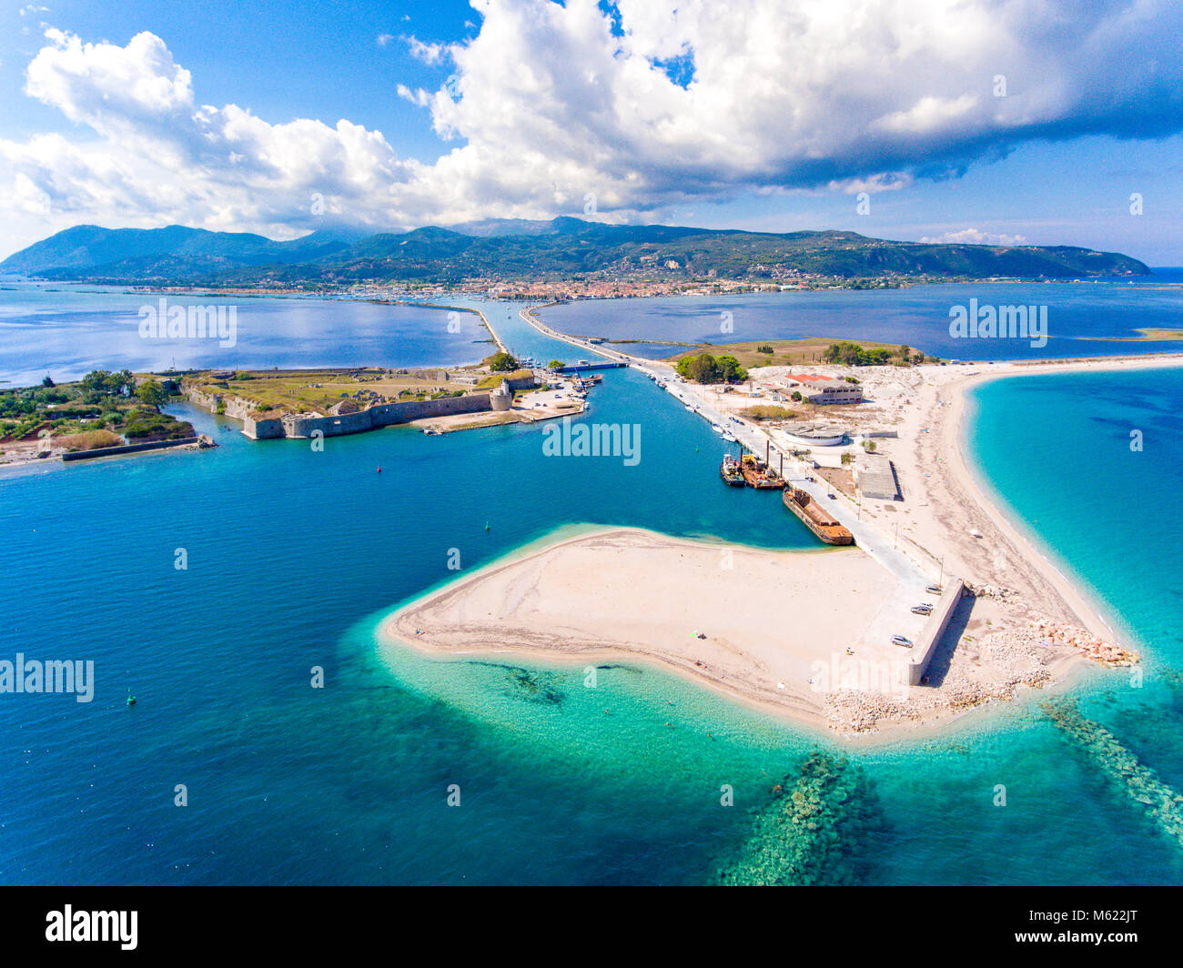 Panoramic view over Lefkada Island and harbour entrance at the Floating ...