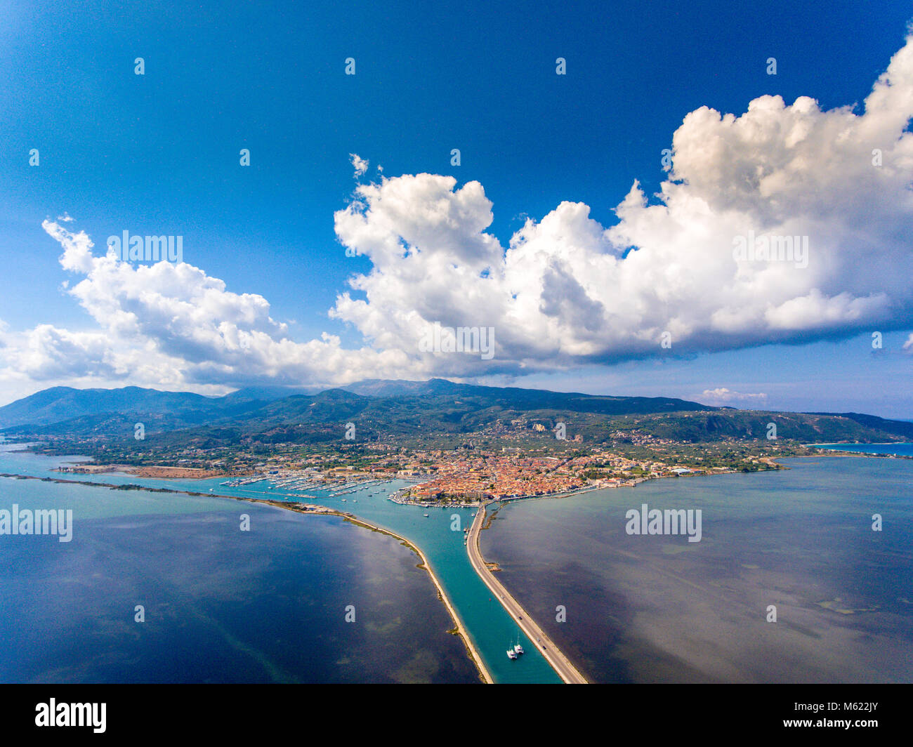 Aerial view of Lefkada main canal and harbour entrance near Lefkada ...