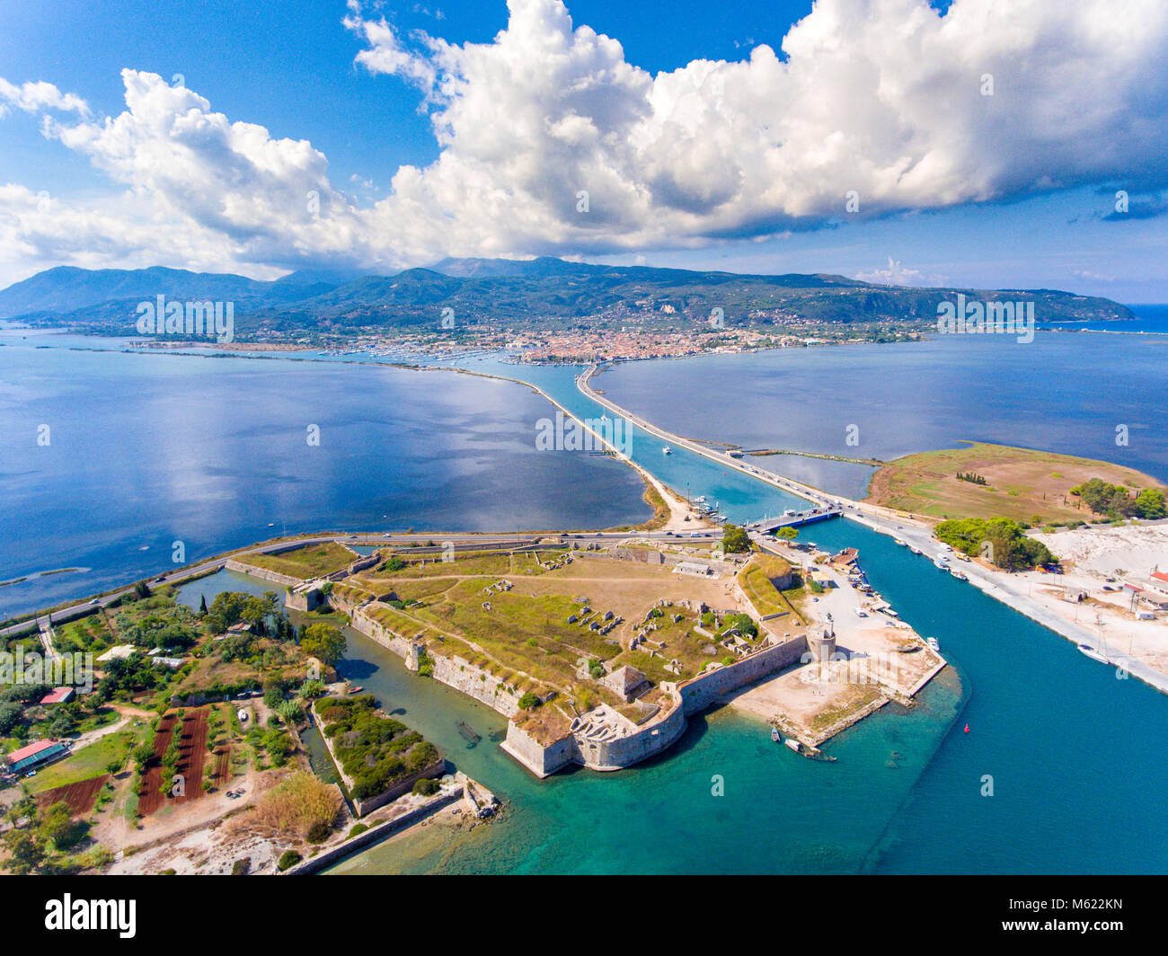Aerial view over Lefkada Fortress and rotating floating swing bridge at ...