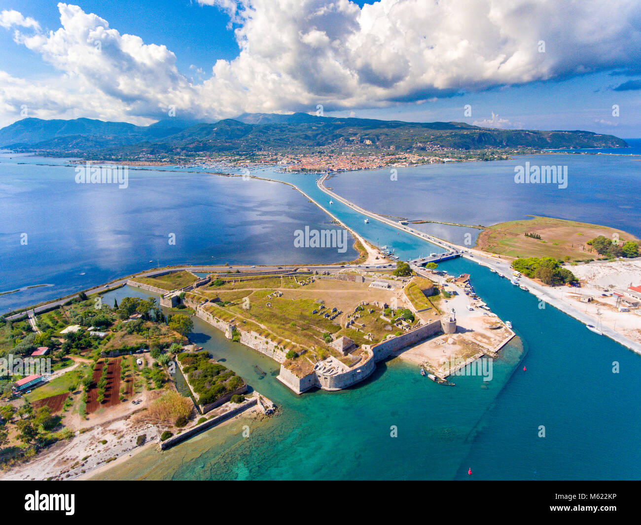 Aerial view over Lefkada Fortress and swinging bridge at the entrance ...