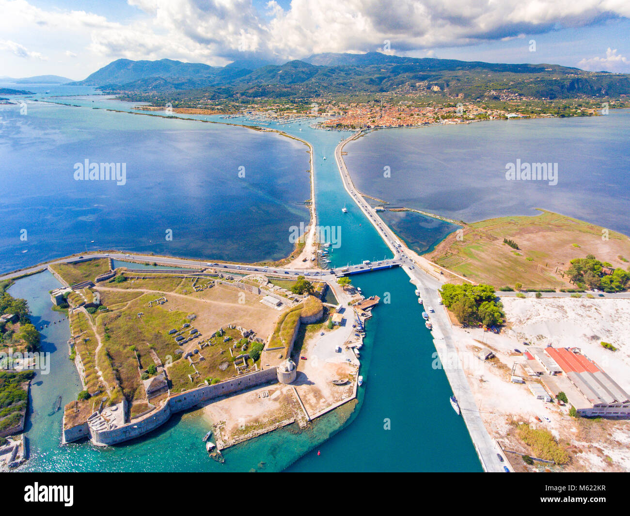 Lefkada Harbour main canal and floating rotating bridge brids eye view ...