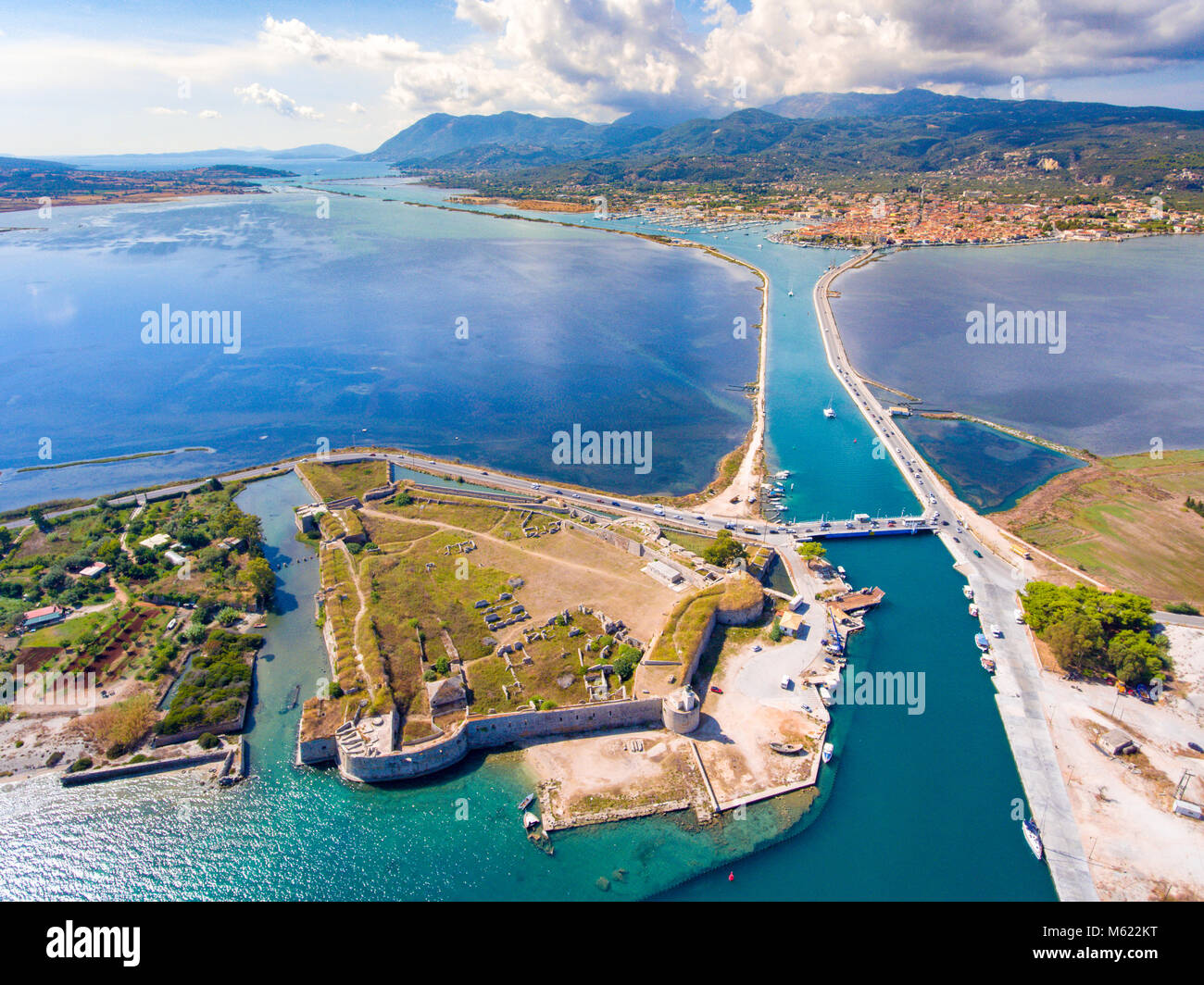 Castle Santa Maura and the famous floating swing bridge in Lefkada ...