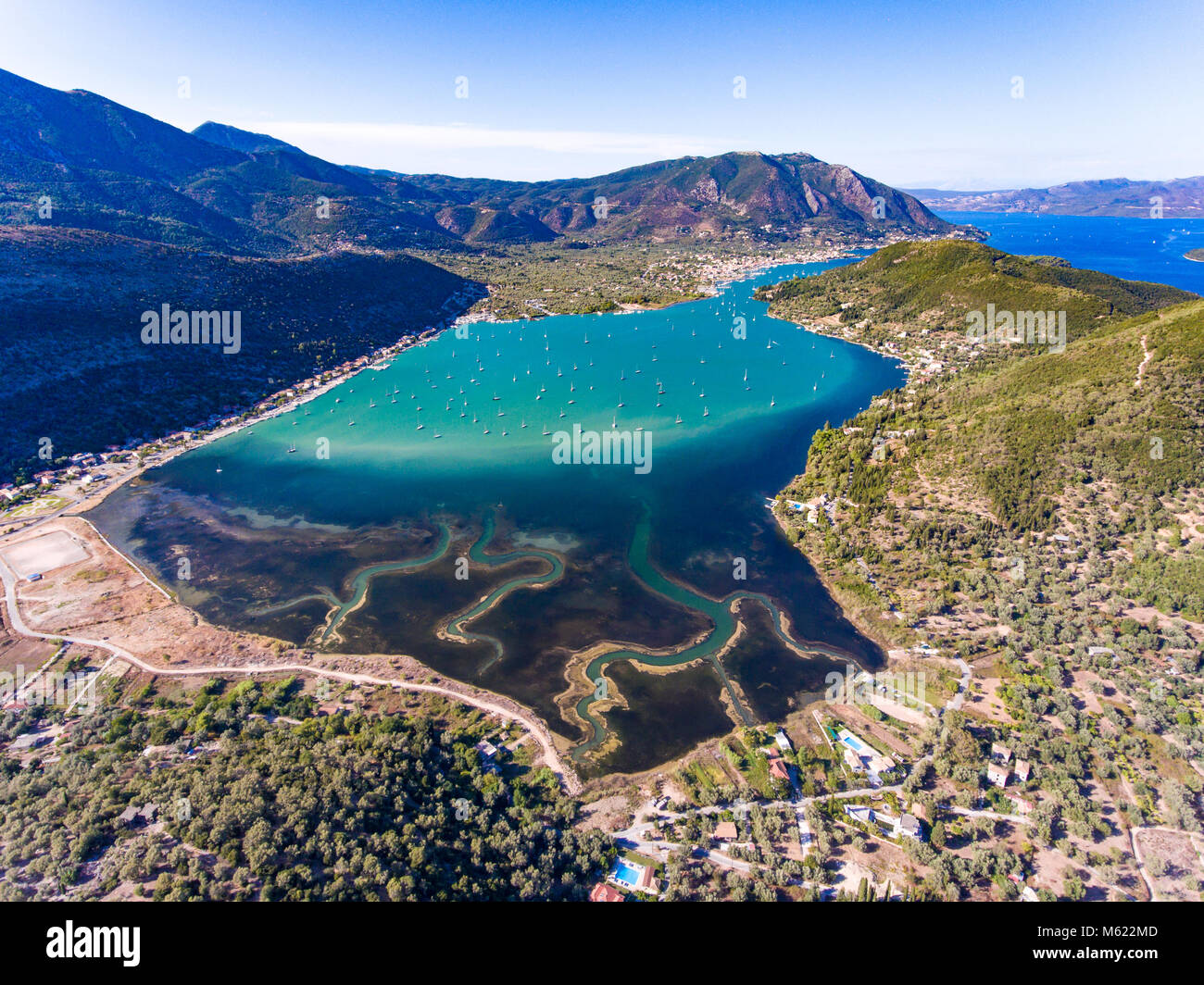 Nidri bay and yachts harbour in Lefkada Island Greece aerial view Stock ...