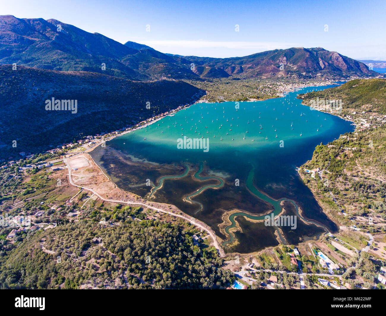 Nidri bay and yachts harbour in Lefkada Island Greece aerial view Stock ...