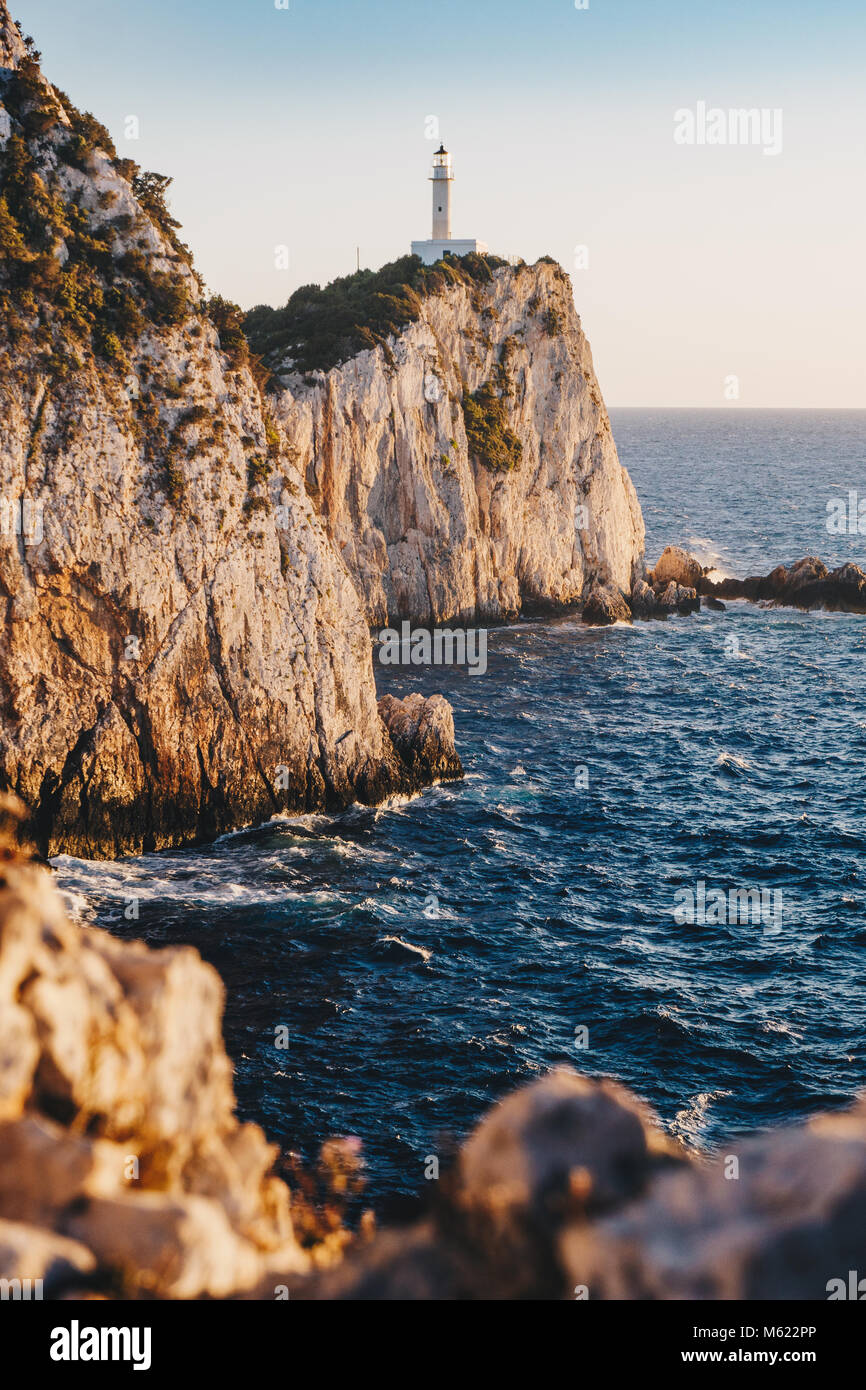 Lefkada Lighthouse Cape Lefkata at sunset Stock Photo - Alamy
