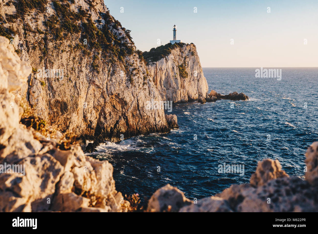Sunset in Lefkada at the Cape Lefkatas Lighthouse , focus on the ...