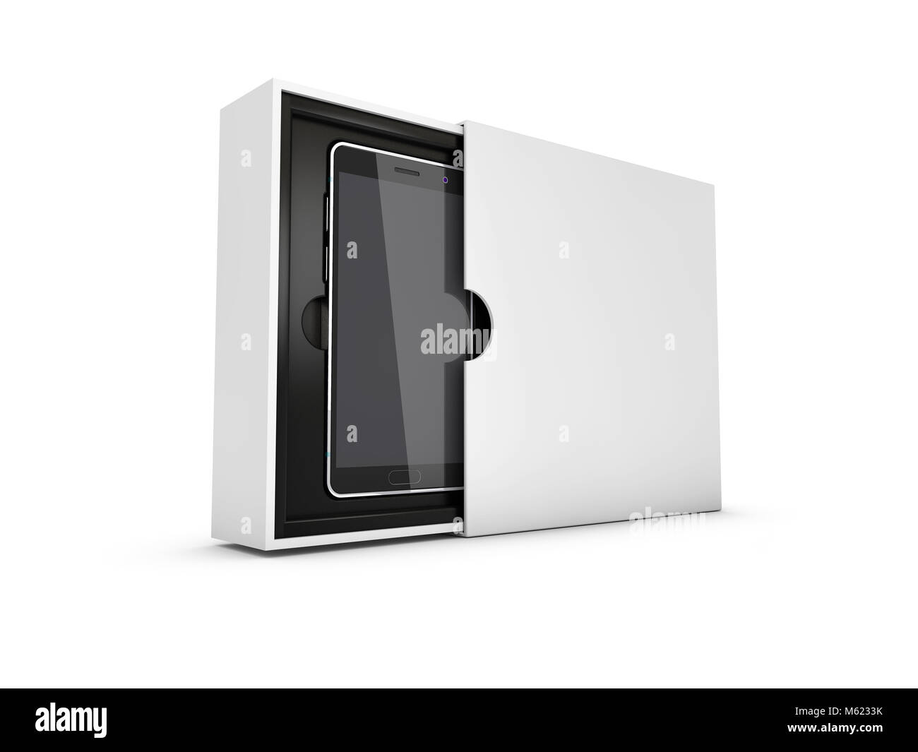 Modern smart phone in the box. Black screen for mockup, isolated white ...