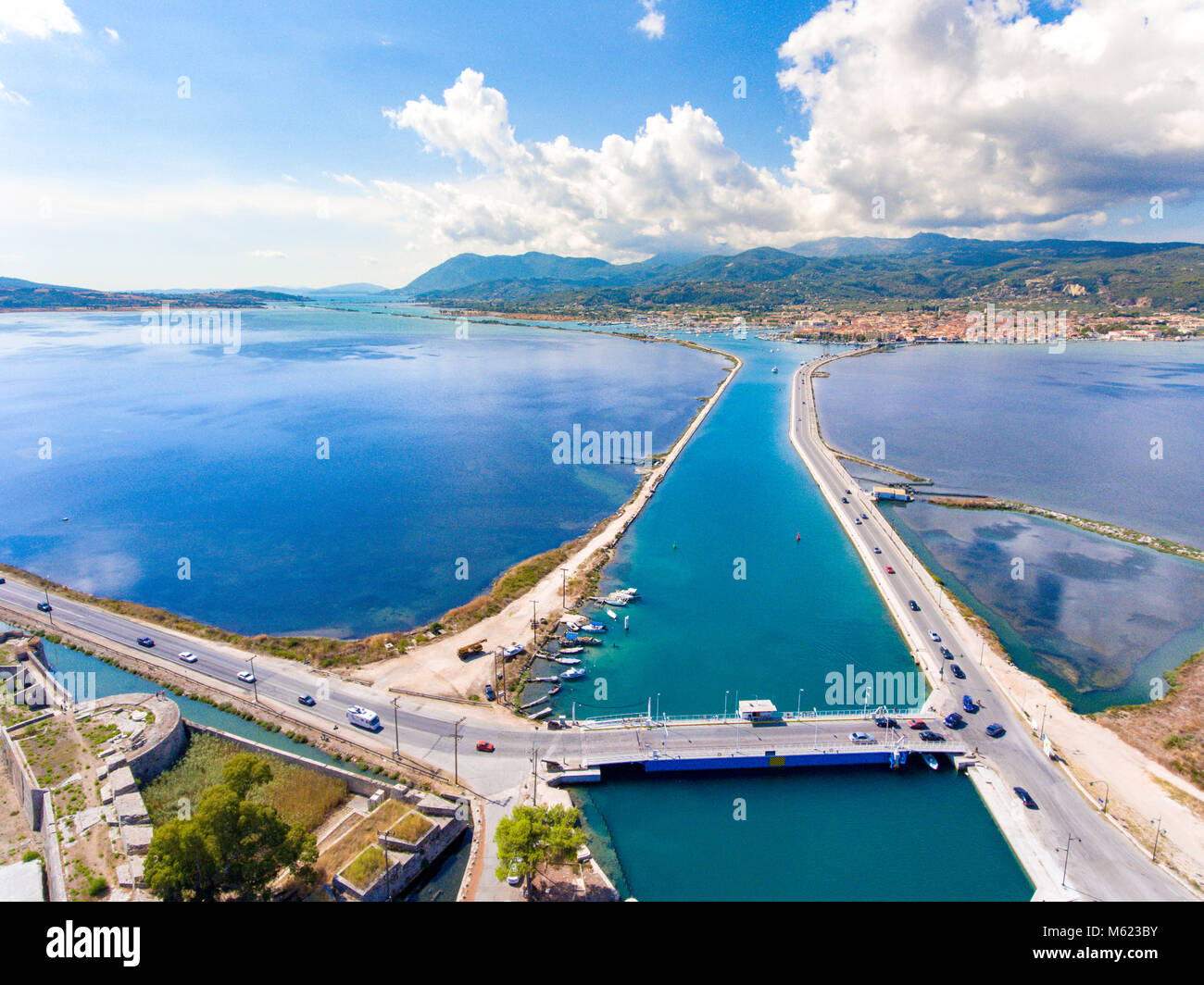 Aerial view of the rotating floating bridge at the entrance of the ...