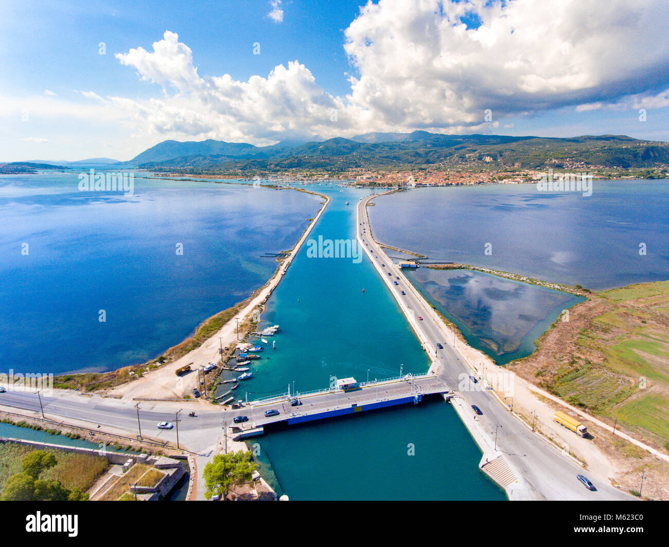 Aerial view of the rotating floating bridge at the entrance of the ...