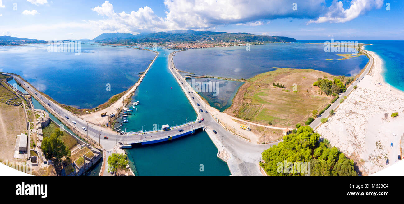 Aerial panorama of Lefkada swing bridge and harbour canal and the ...
