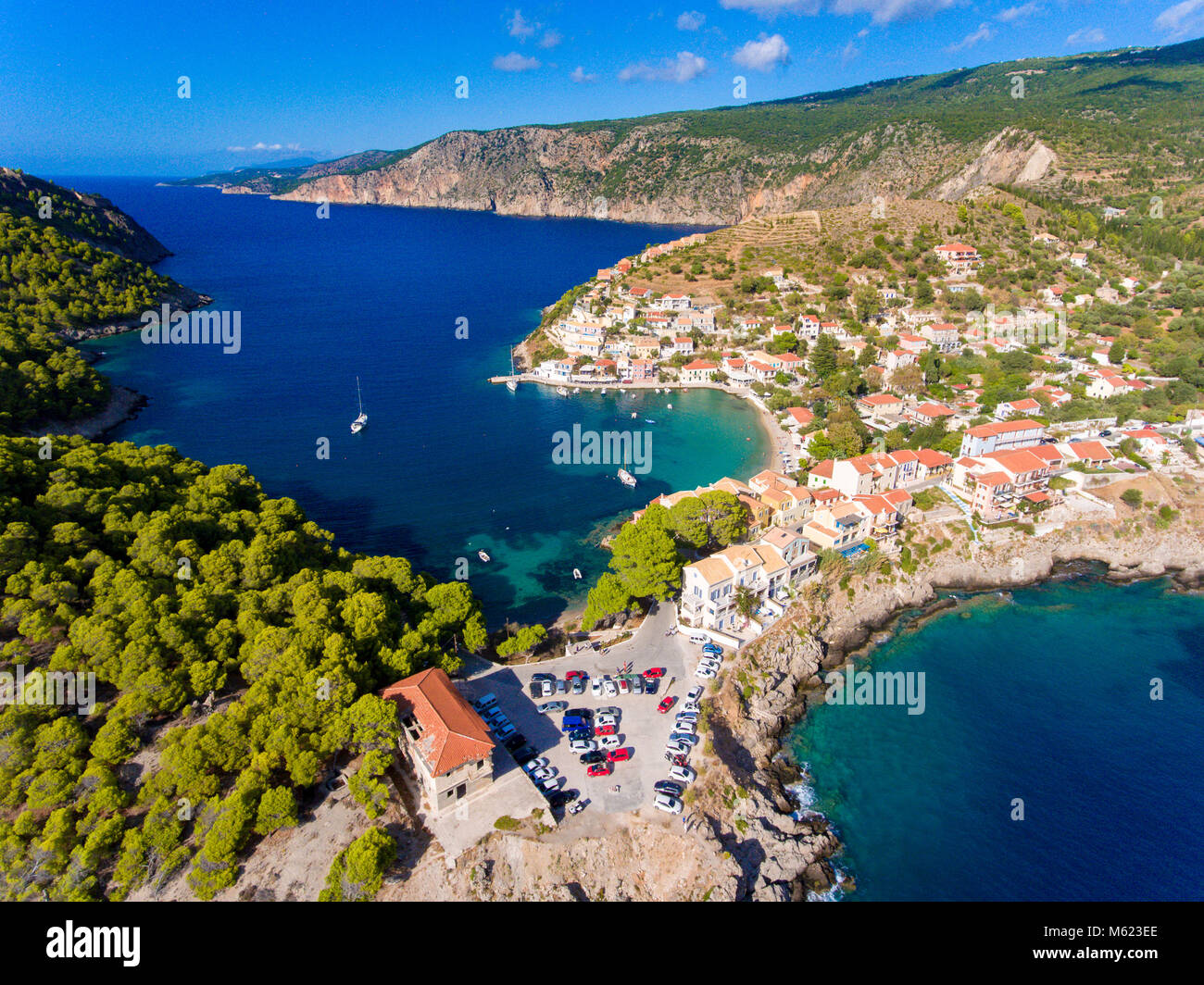Kefalonia Assos Village aerial view panorama Stock Photo - Alamy