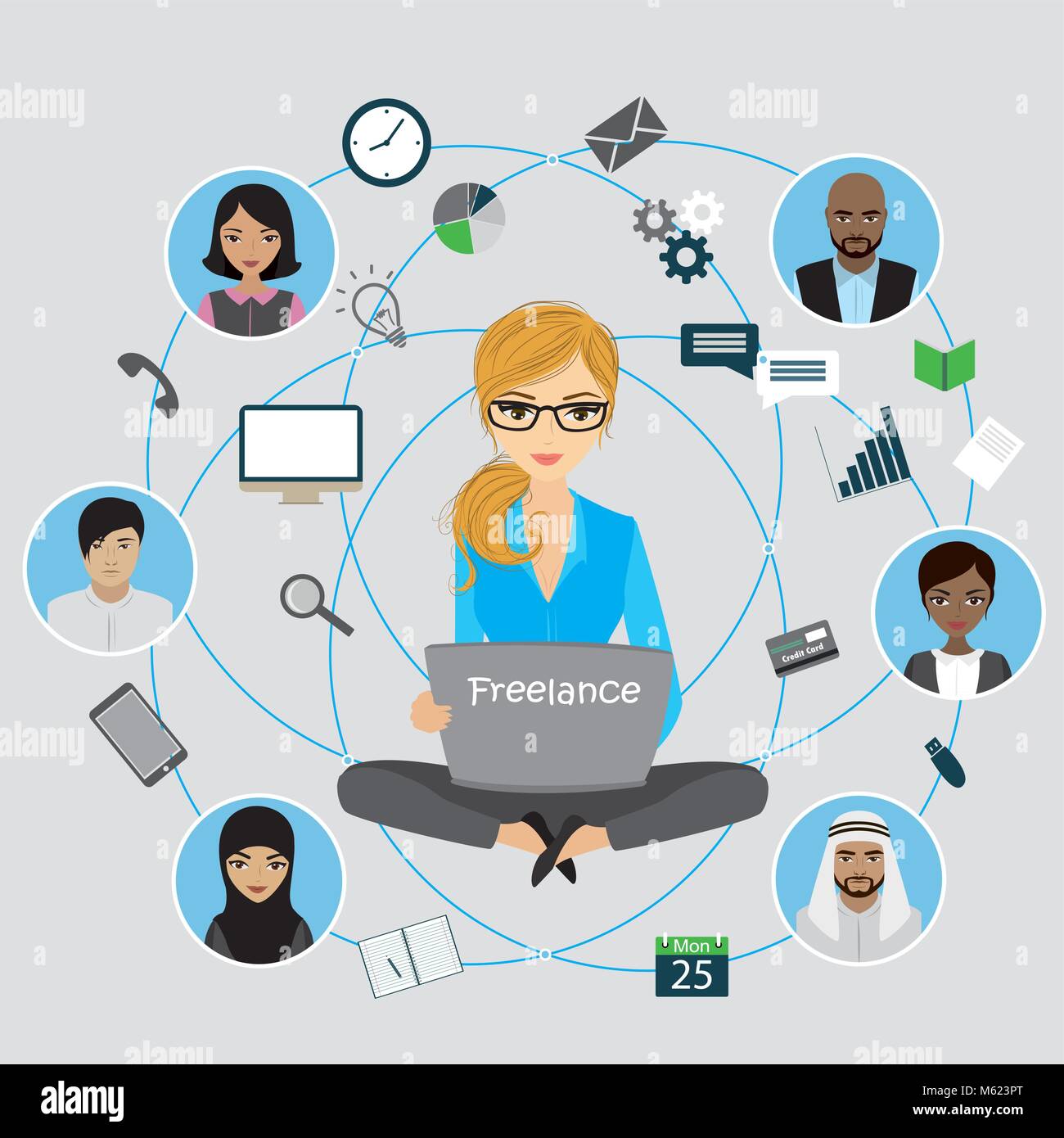 Woman sitting with laptop, internet work, connecting people ...