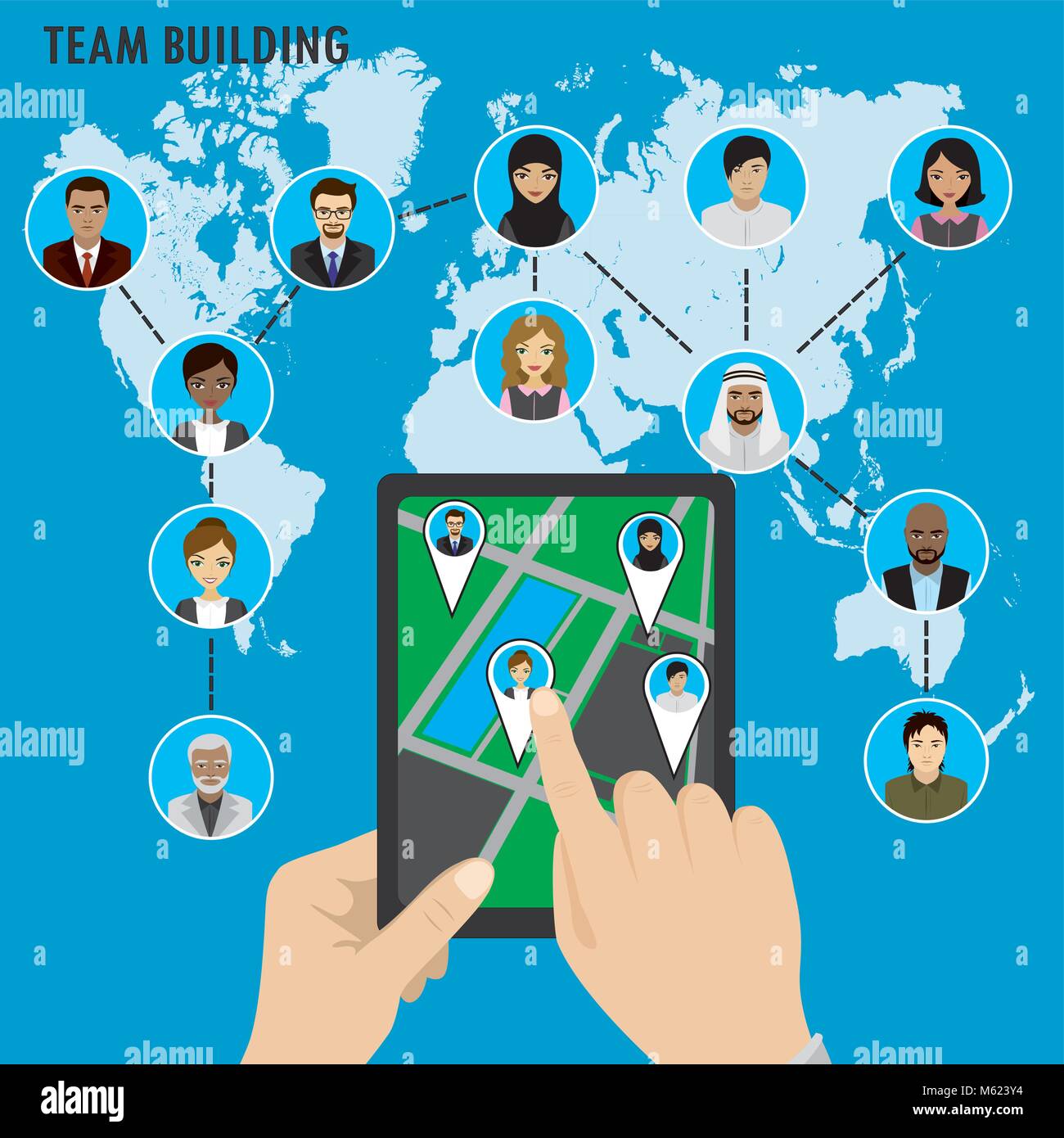 Business Team building. Different avatar people on world map. Smart ...