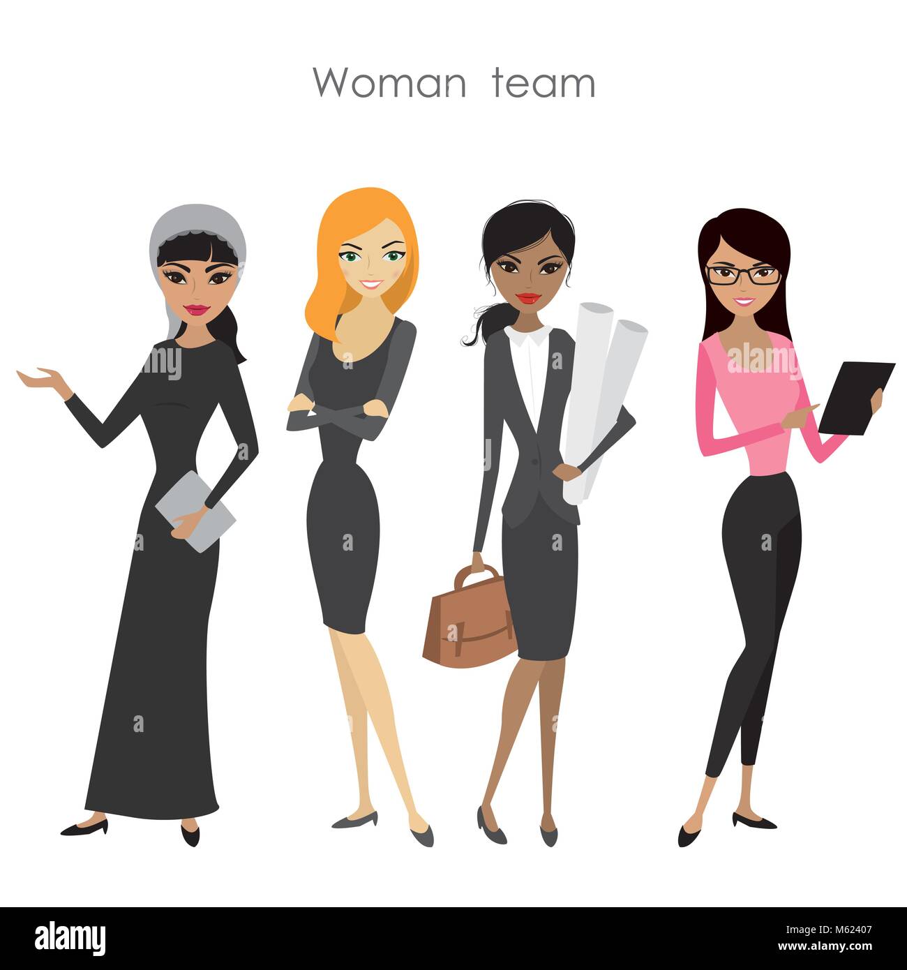 Set of four business woman, cartoon female team,lady of different races ...