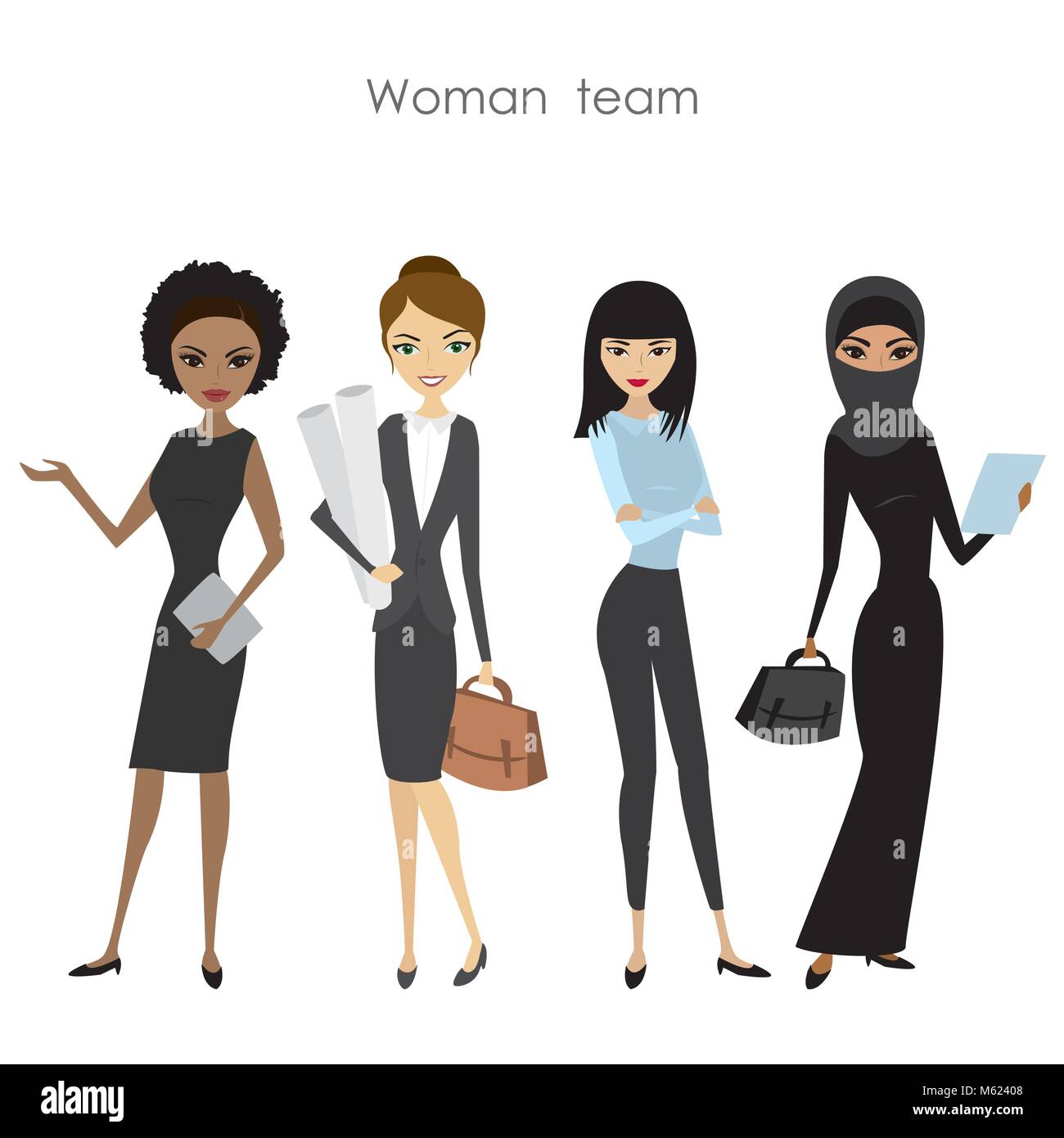 Set of four business woman, cartoon female team,lady of different races ...