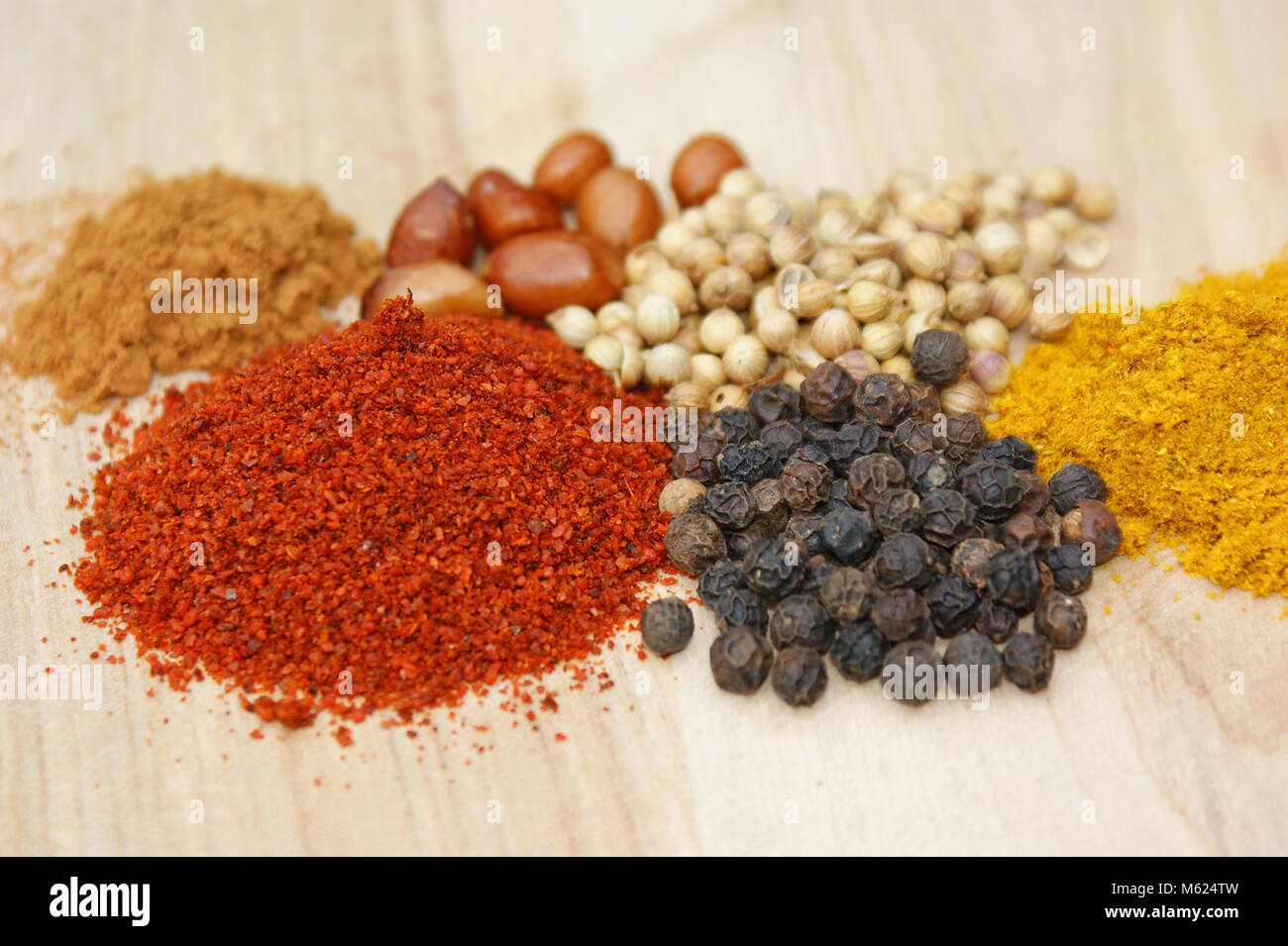 spicies on a wooden plate: chilli, pepper, coriander, curry, cinnamon ...