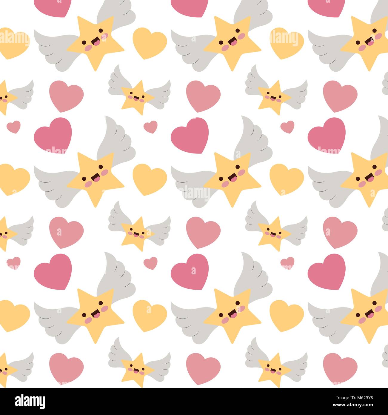 cute hearts love and stars with wings kawaii pattern Stock Vector Image ...