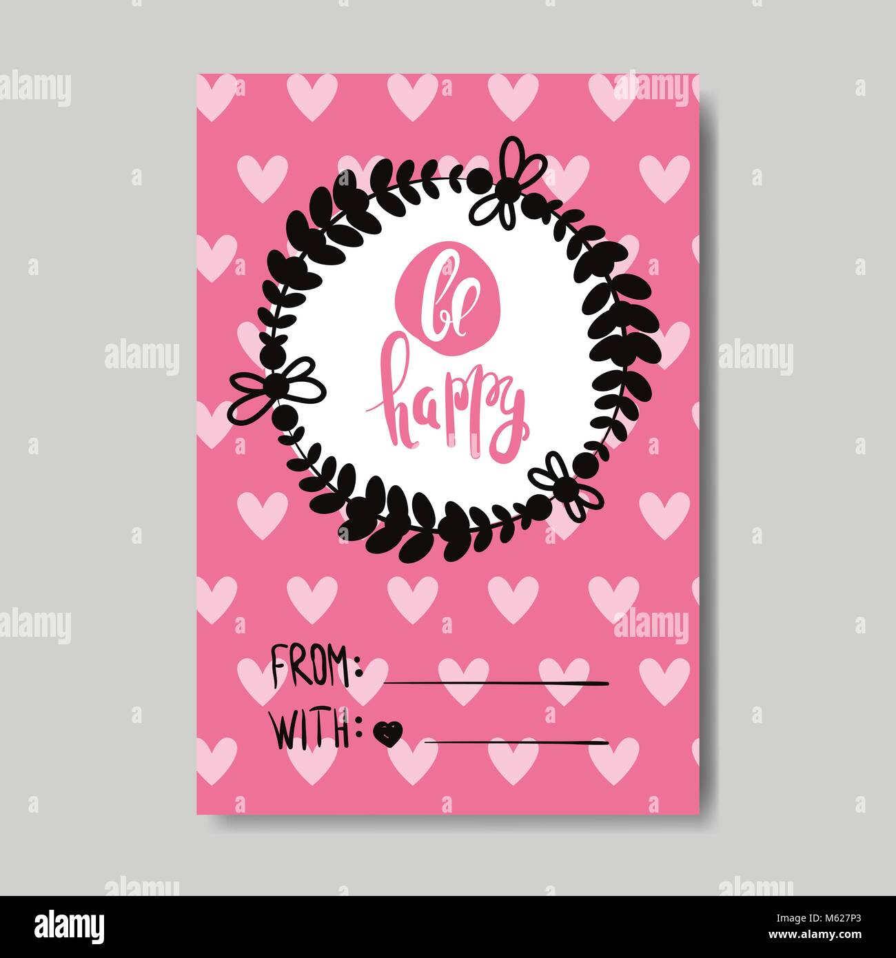 Be Happy Greeting Card With Hand Drawn Lettering On Pink Hearts ...