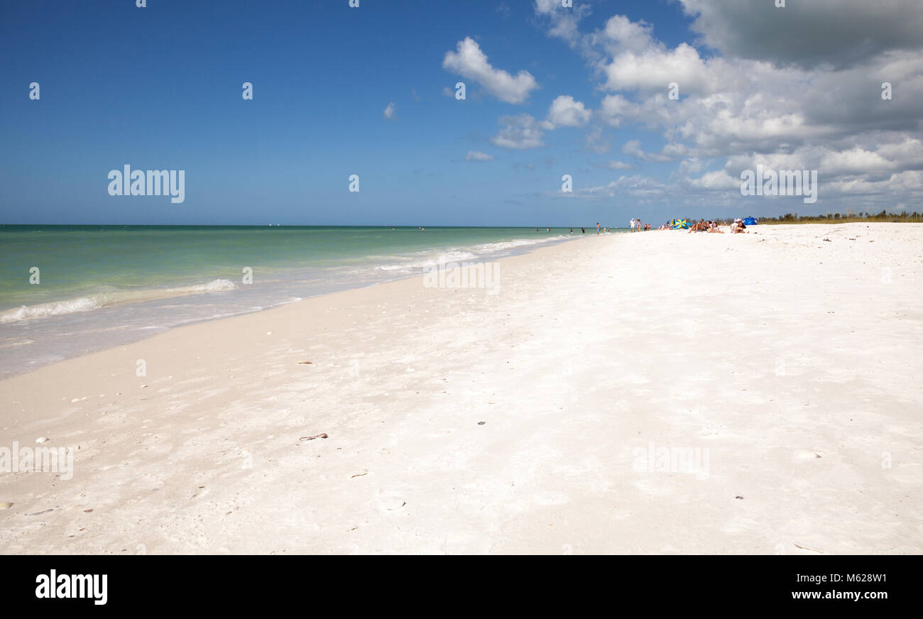 Blue sky over white sand and green beach grass of Tigertail Beach on ...