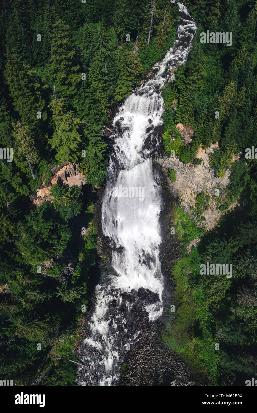 Birds eye view of beautiful waterfalls in British Columbia forest Stock ...