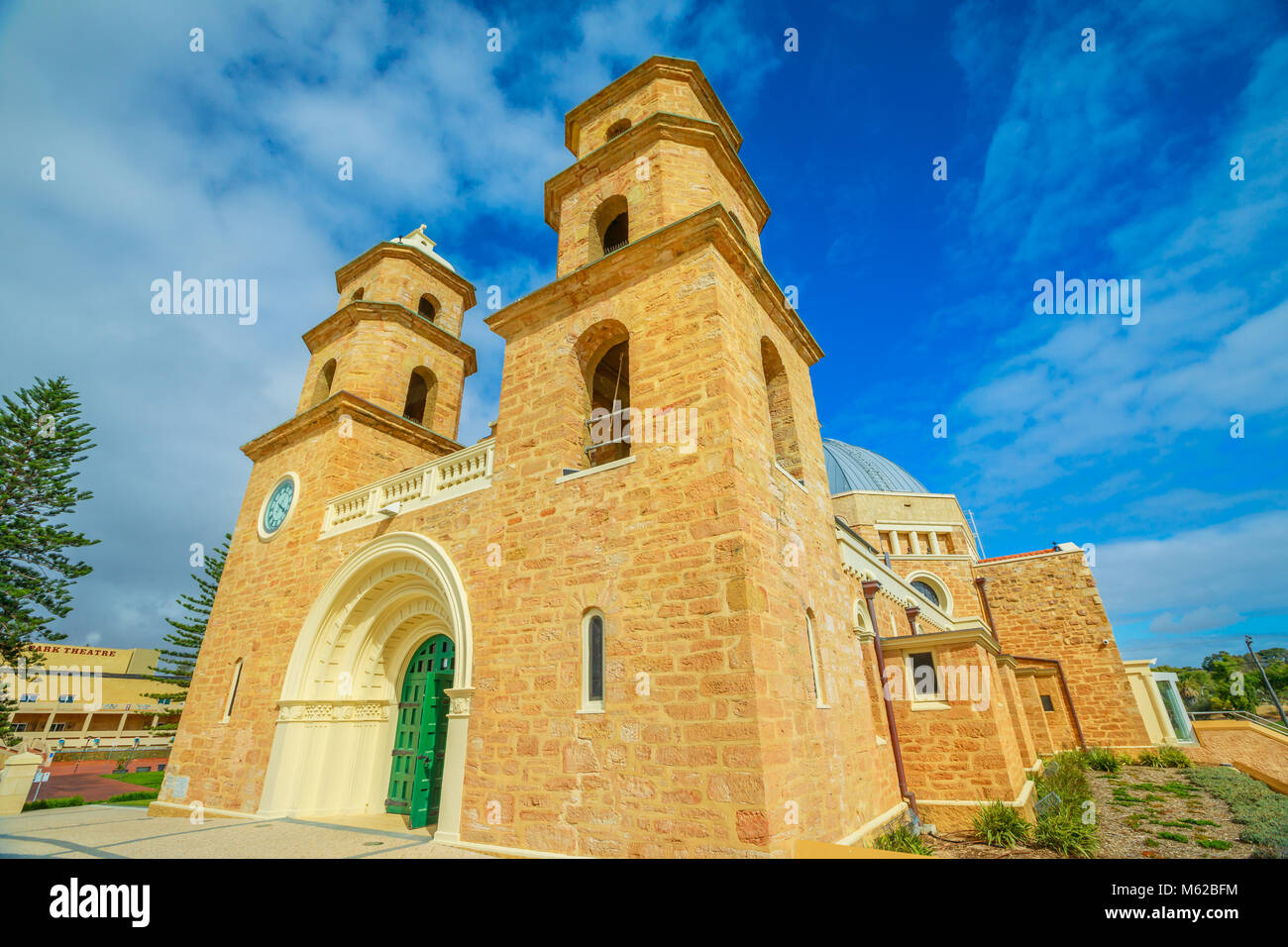 Bottom view of romanesque St. Francis Xavier's Cathedral with Twin ...