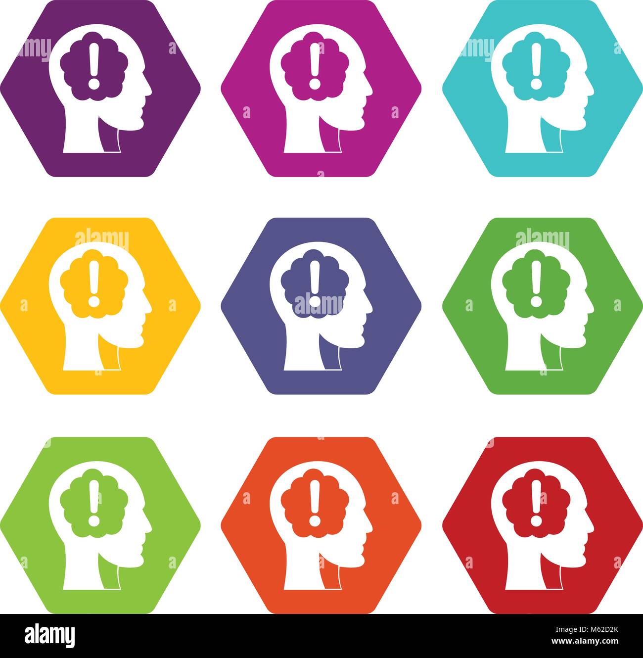 Head with exclamation mark inside icon set color hexahedron Stock ...