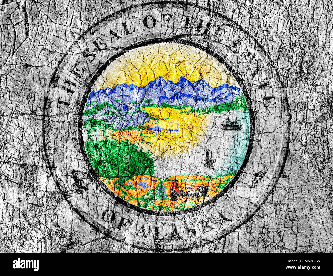 Grudge stone painted US state Alaska seal flag Stock Photo - Alamy