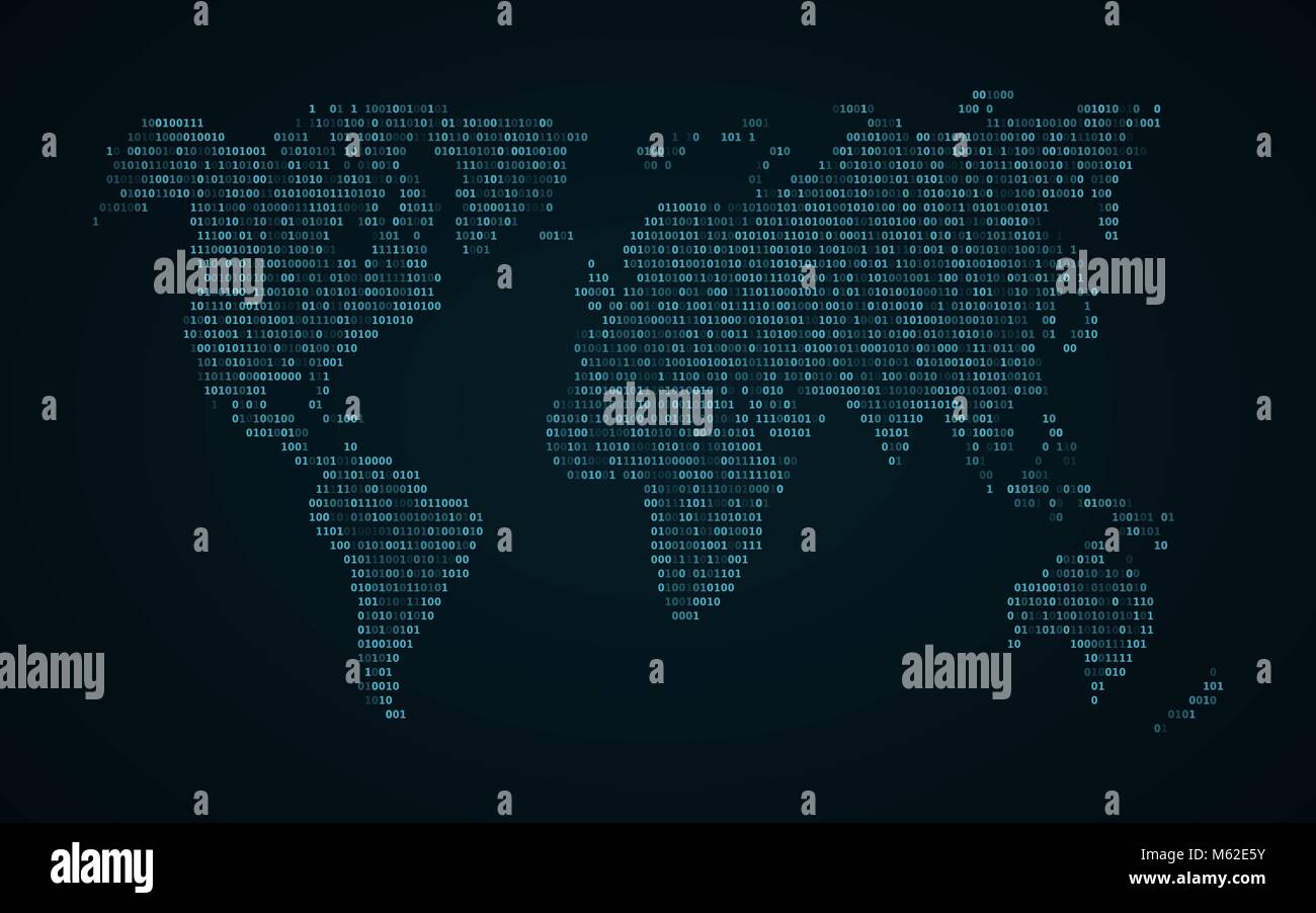 Abstract World Map Of Binary Code Glowing Map Of The Earth Dark Blue