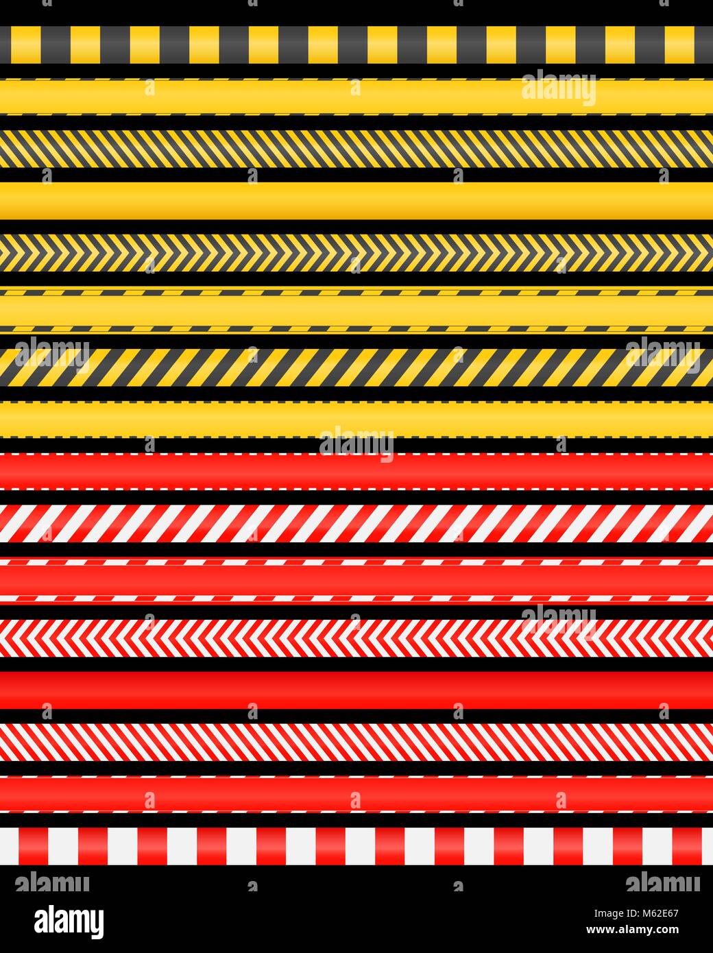 Collection of red and yellow restriction tapes. Attention ribbons ...