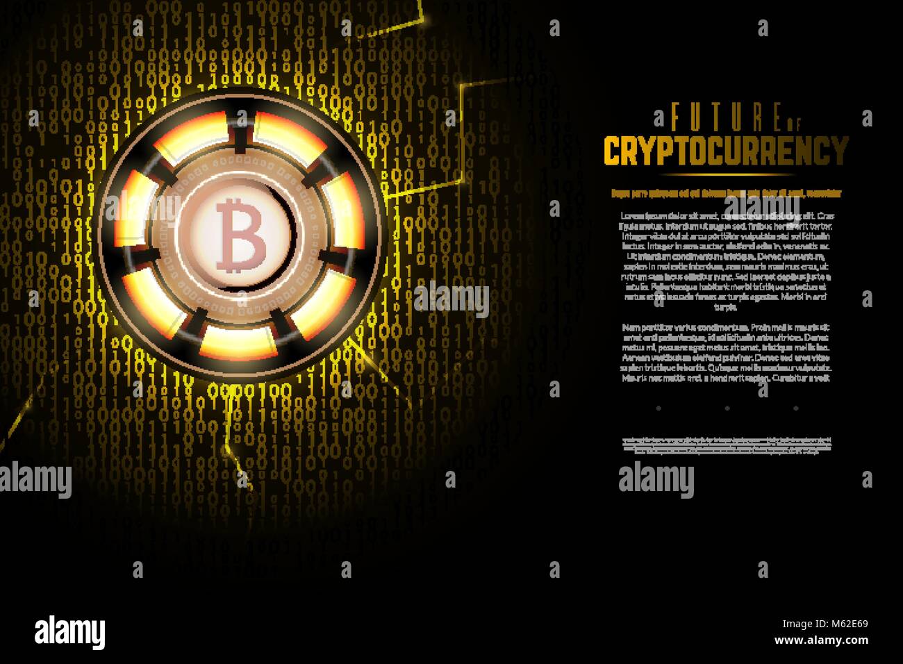 Golder bitcoin virtual currency technological background. Neon glowing sign and binary code ...