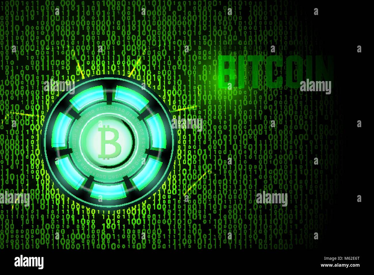 Green bitcoin logo on binary background. Lighting power source vector ...