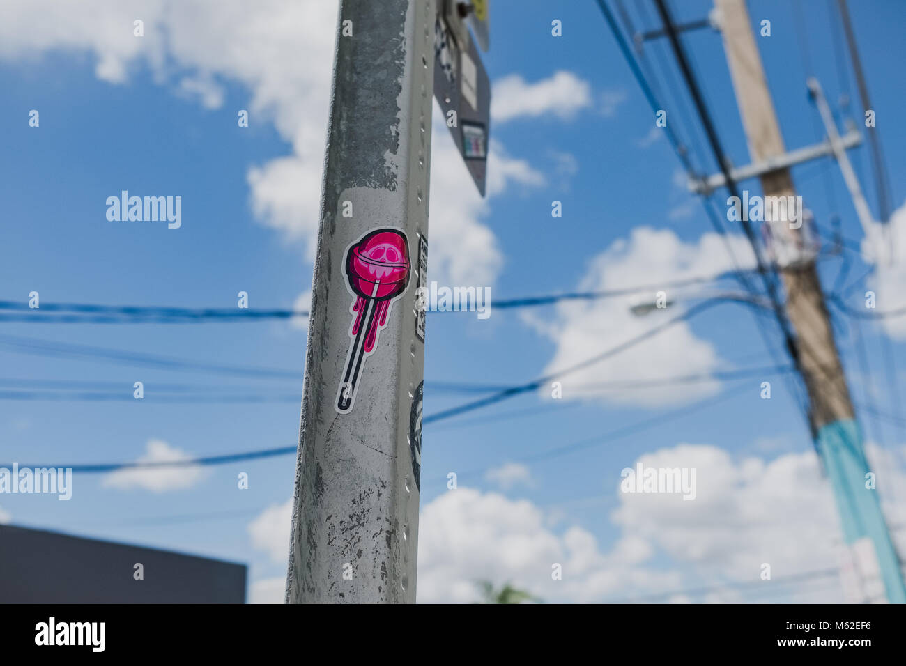 Lollipop sticker on a pole at Wynwood, Miami, Florida, North America ...