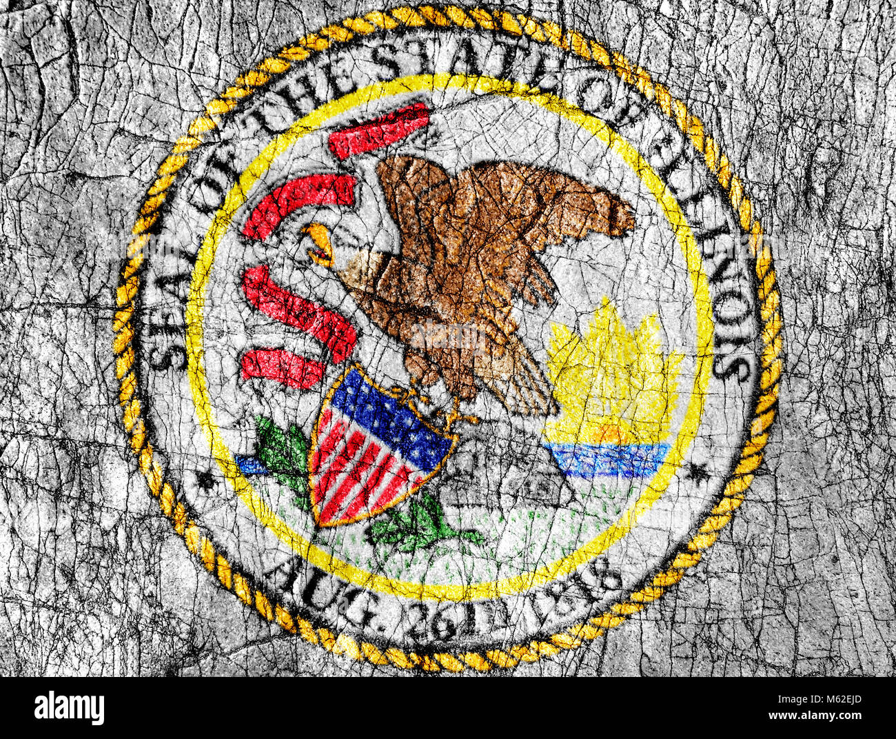 Grudge stone painted US state Illinois seal flag Stock Photo - Alamy