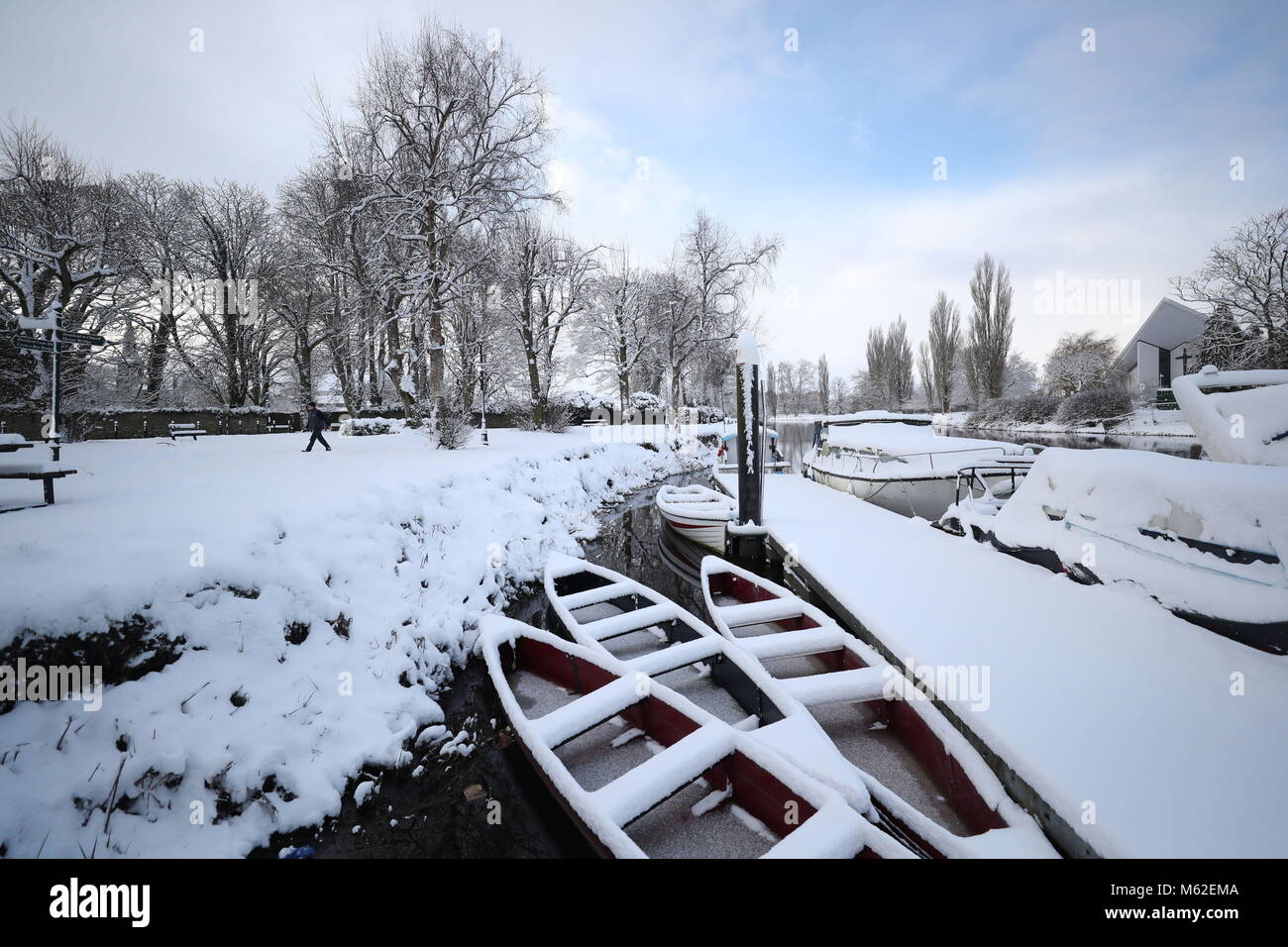 Snow covered boats on the River Barrow in Athy, Co. Kildare, as wintry ...