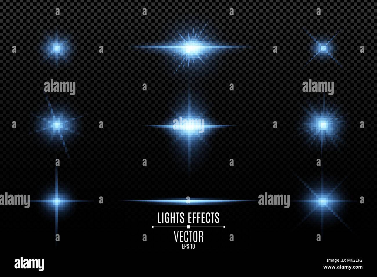 Set of light effects, lights and sparks. Blue lights on a transparent ...