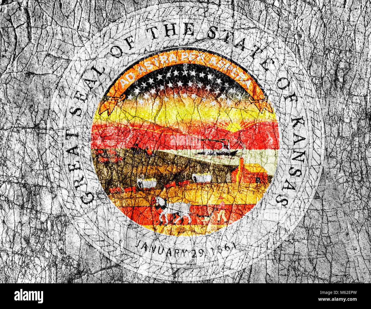 Grudge stone painted US state Kansas seal flag Stock Photo - Alamy