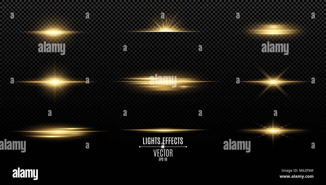 Set of flashes, lights and sparks. Abstract golden lights isolated on a ...