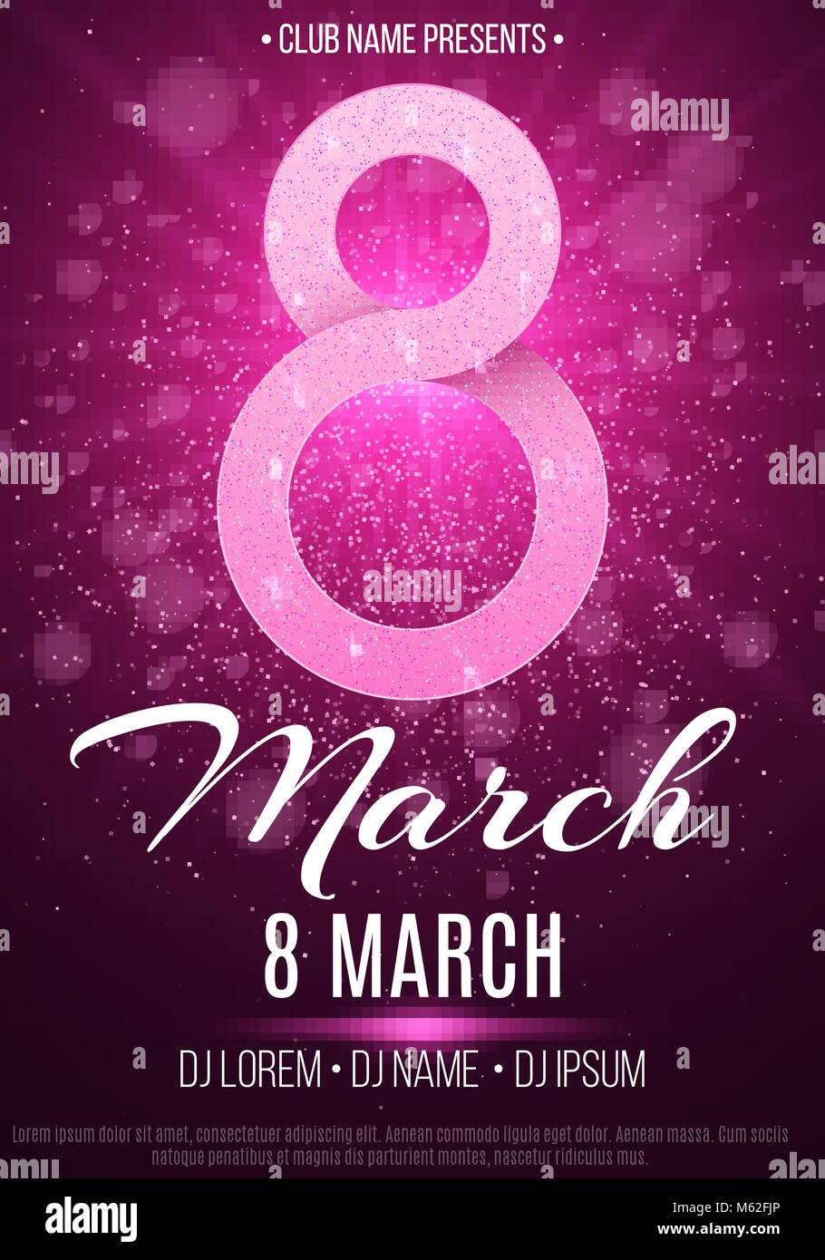 Poster for party on March 8. Abstract purple night lights. Invitation ...