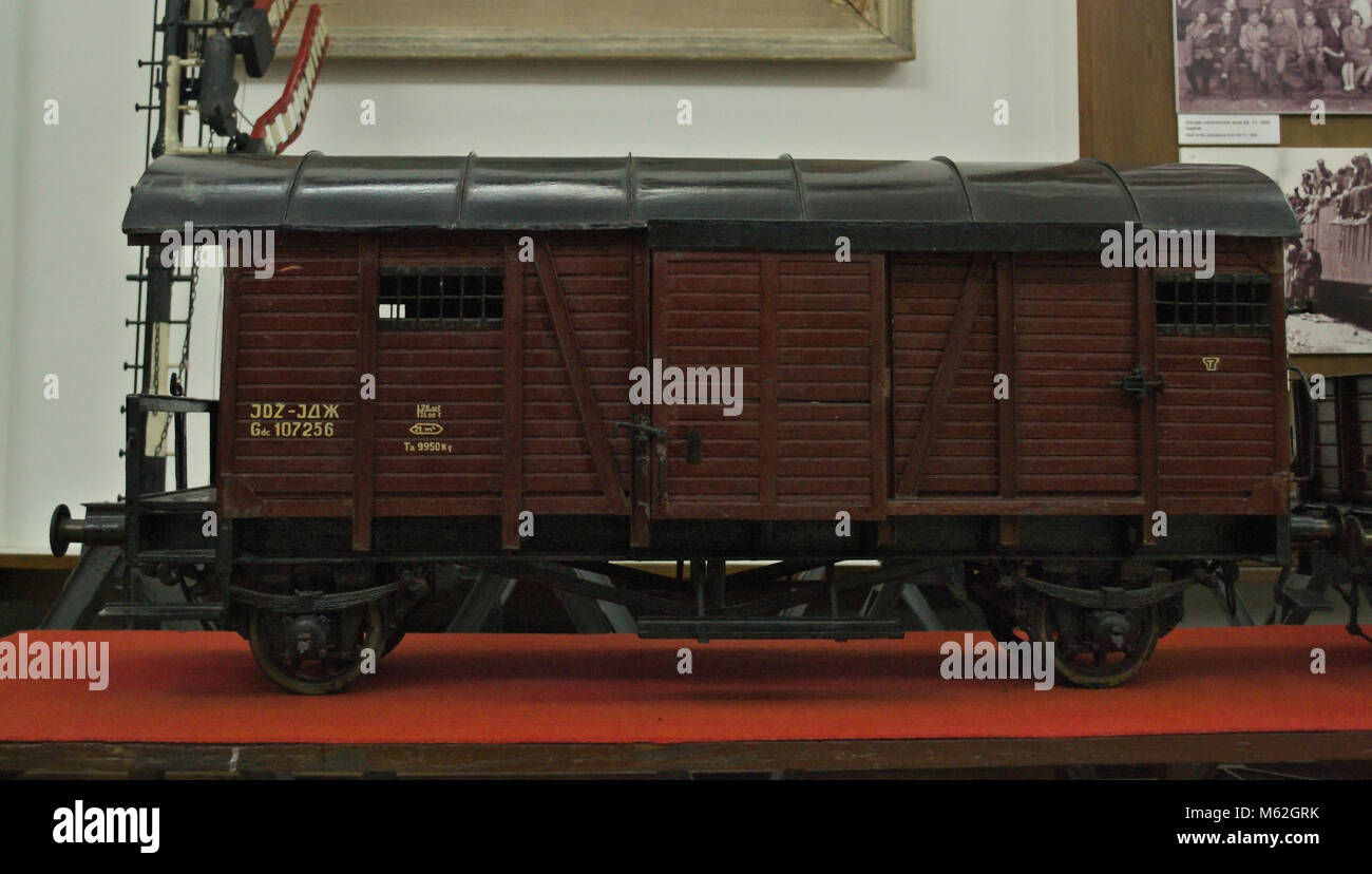 Miniature model of train wagon on display in railway museum Stock Photo ...