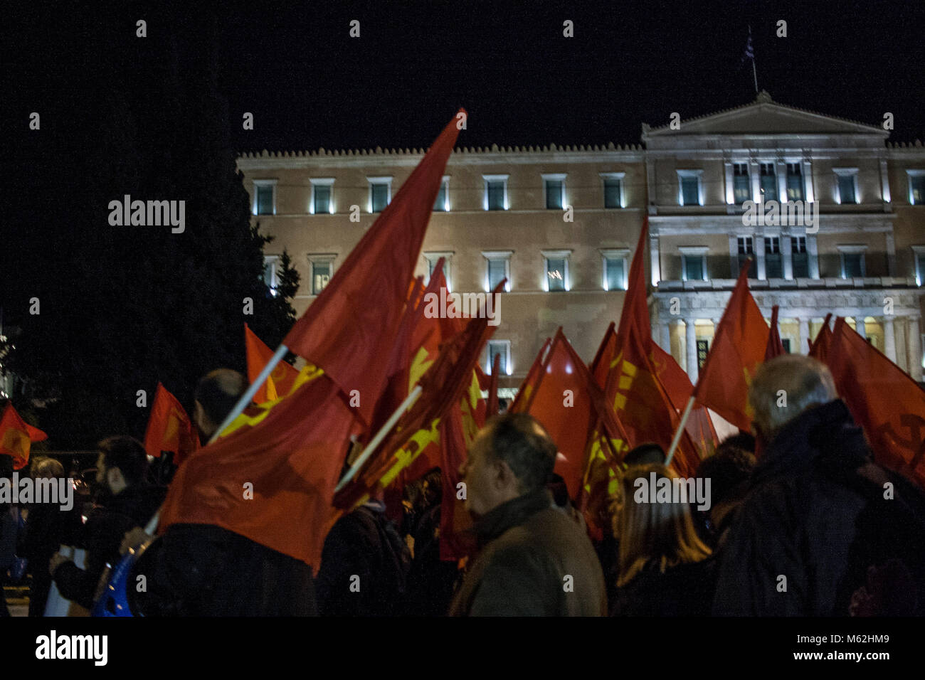 Athens, Greece. 27th Feb, 2018. KKE supporters demonstrate infront of ...
