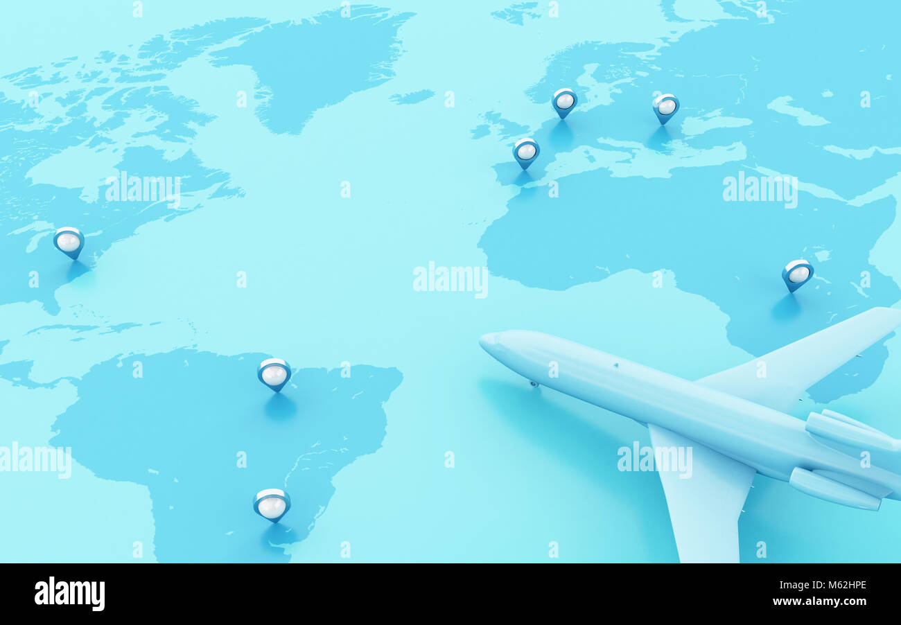 3d illustration. Airplanes flying around globe with map pointer. World ...